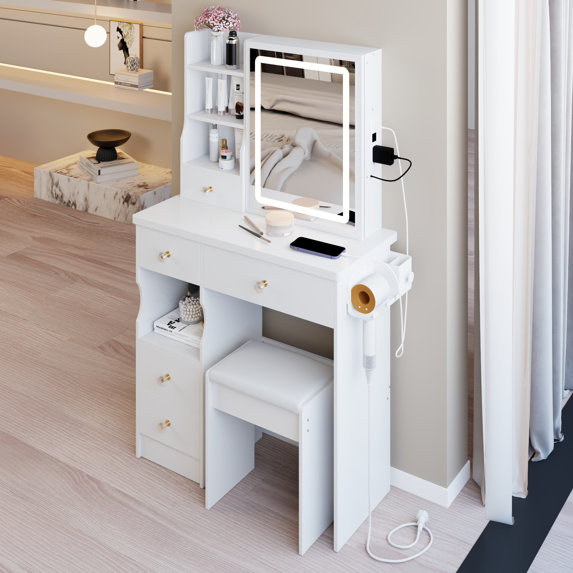 Latitude Run® 29.2" Small Size Left Drawer Desktop Vanity Table + Cushioned Stool, 2 AC+2 USB ...